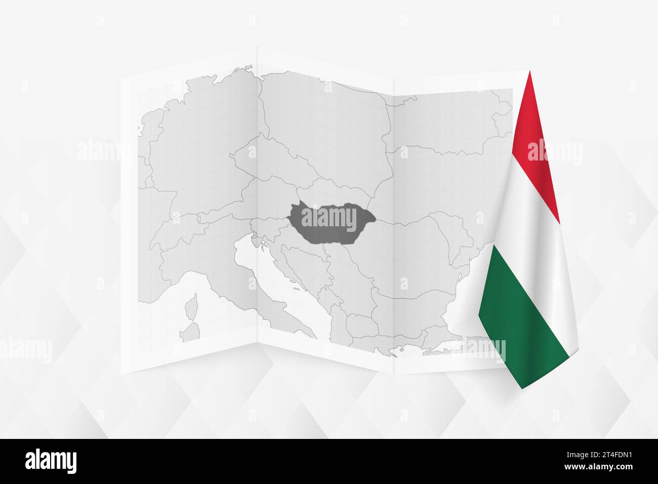 A grayscale map of Hungary with a hanging Hungarian flag on one side ...