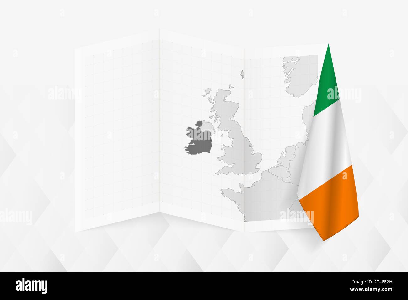A grayscale map of Ireland with a hanging Irish flag on one side ...