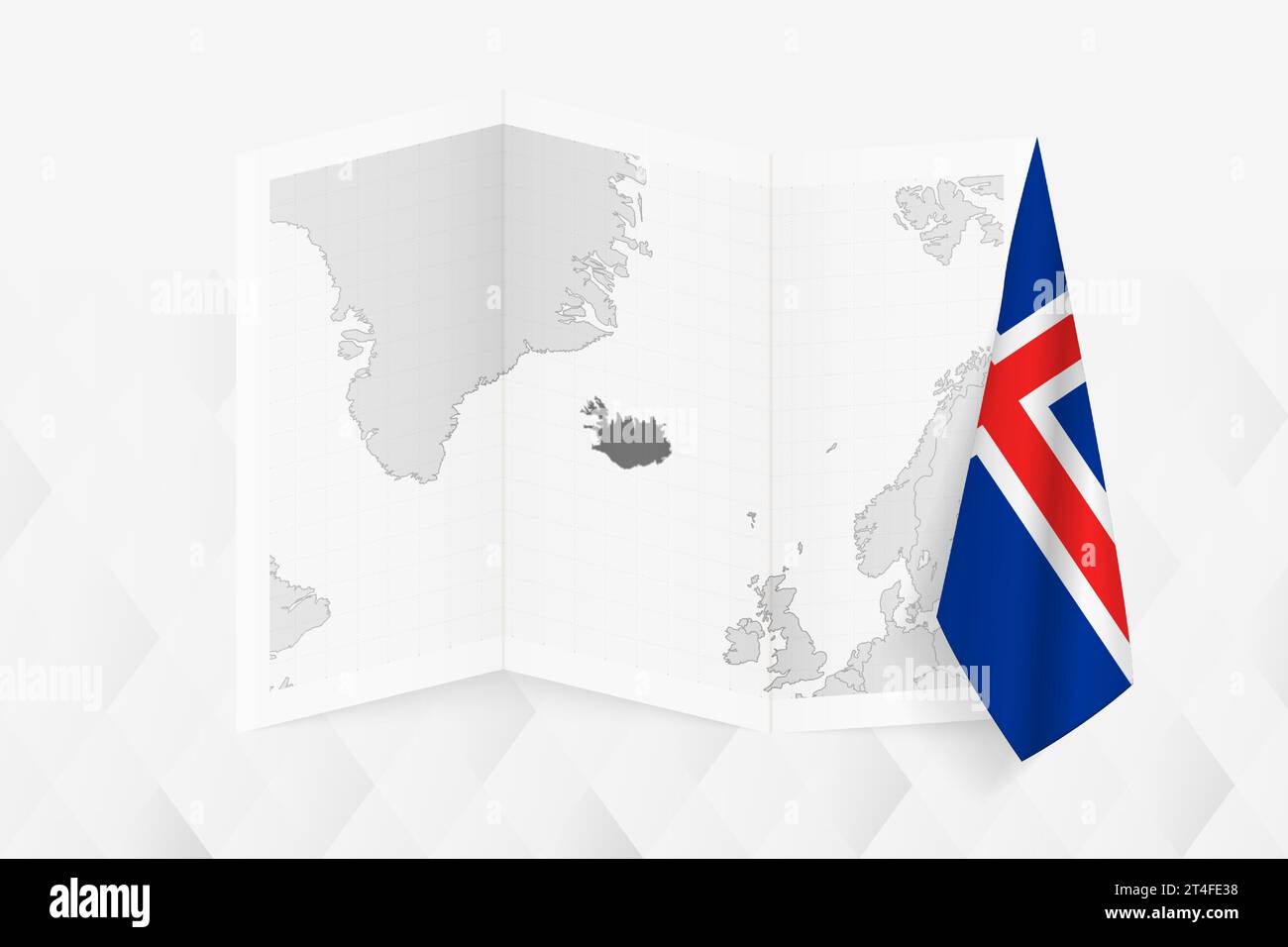 A grayscale map of Iceland with a hanging Icelandic flag on one side ...
