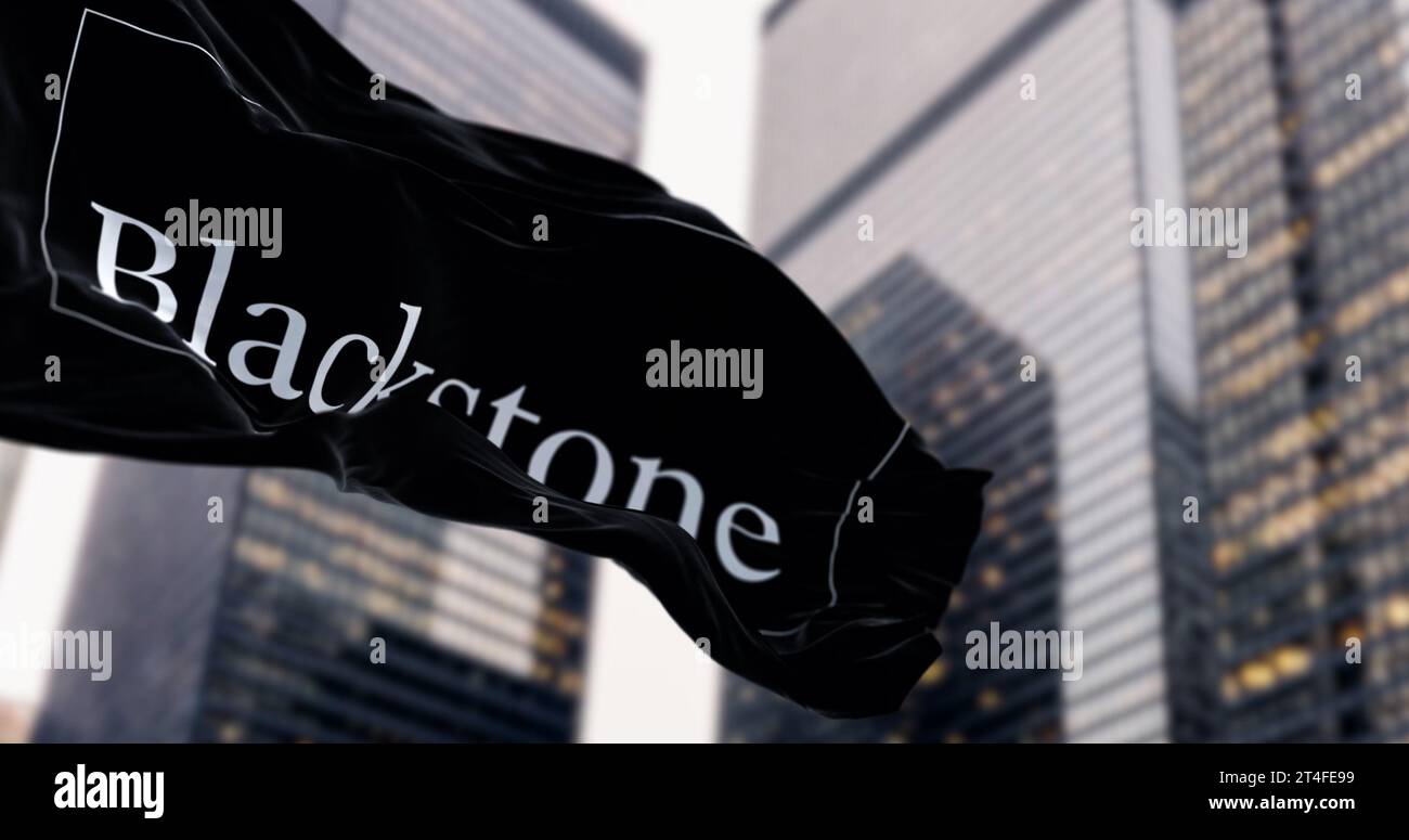 New York, US, Oct. 4 2023: Blackstone black flag waving in a financial ...