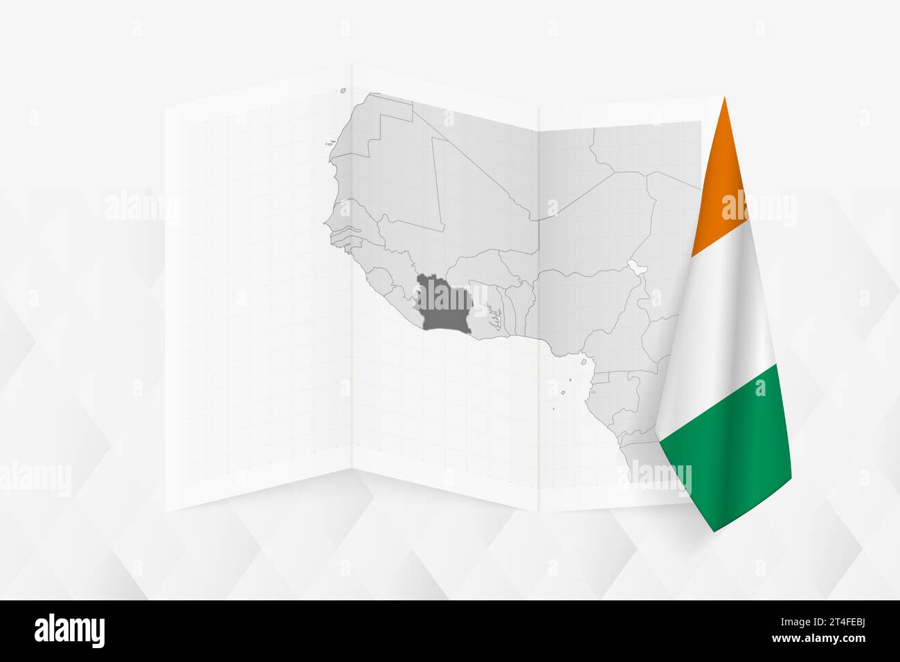 A grayscale map of Ivory Coast with a hanging Ivorian flag on one side ...