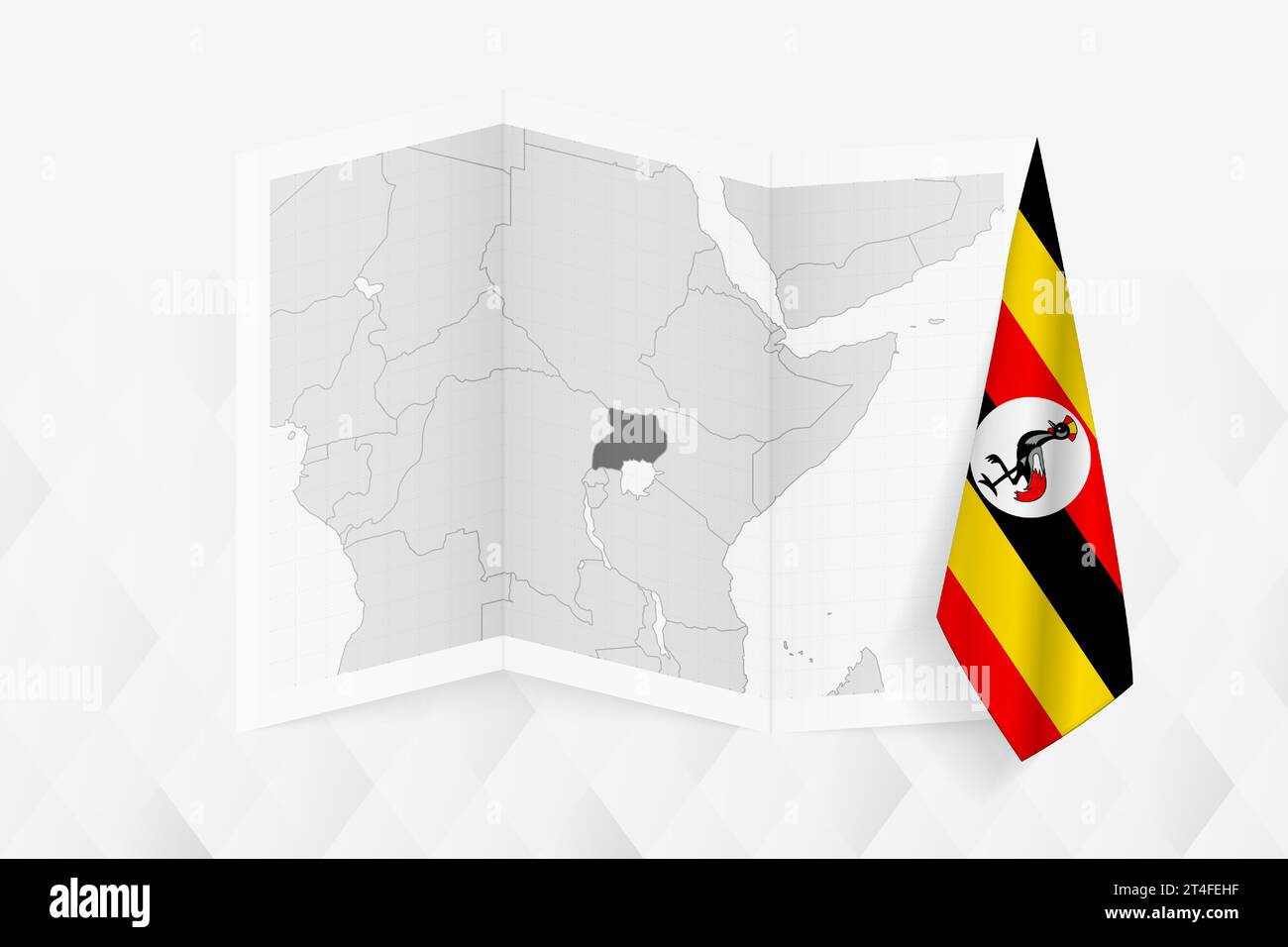 A grayscale map of Uganda with a hanging Ugandan flag on one side. Vector map for many types of ...