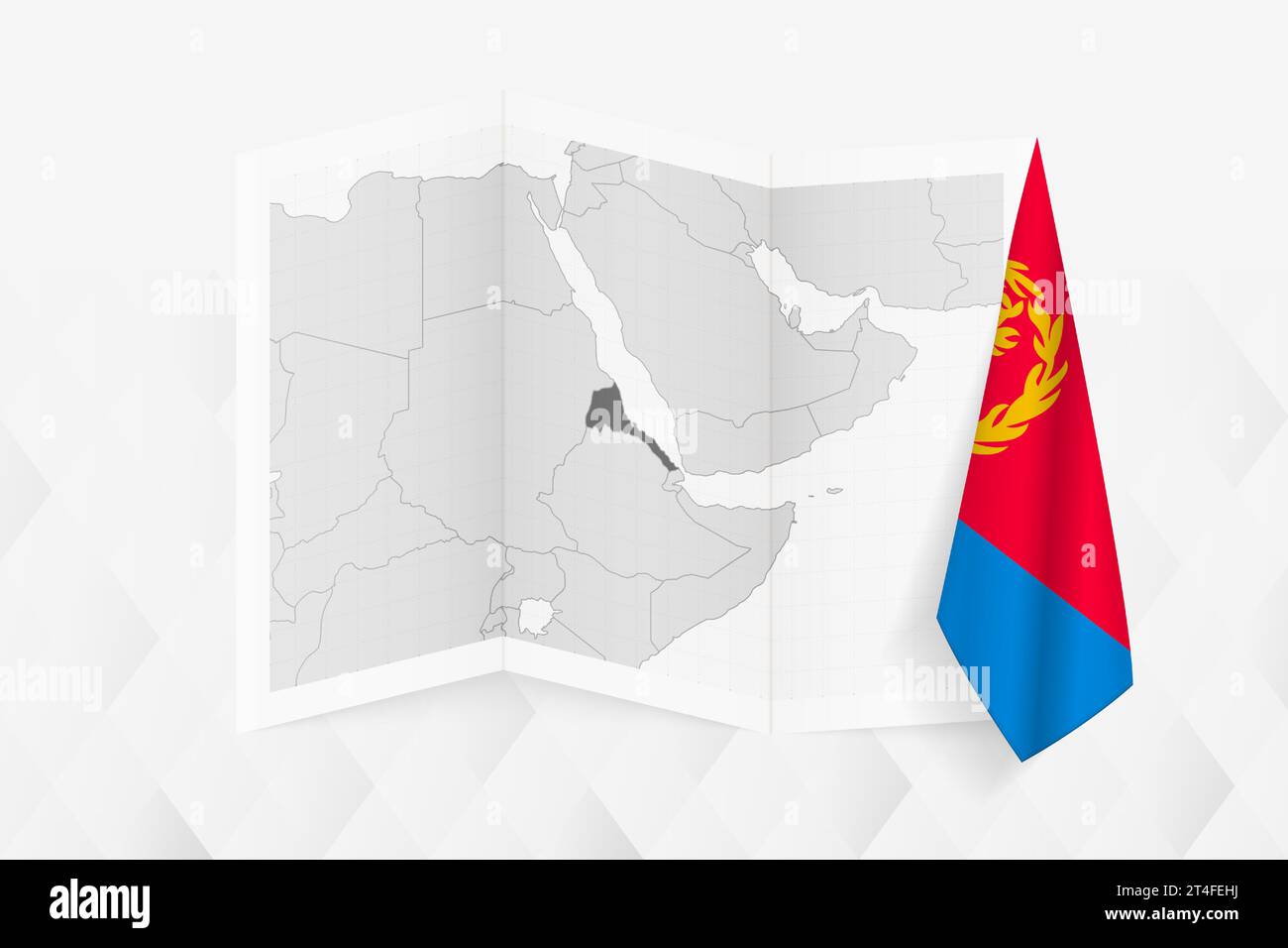A grayscale map of Eritrea with a hanging Eritrean flag on one side. Vector map for many types ...
