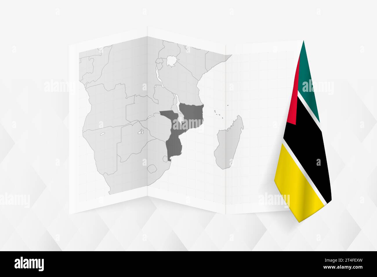 A grayscale map of Mozambique with a hanging Mozambican flag on one ...