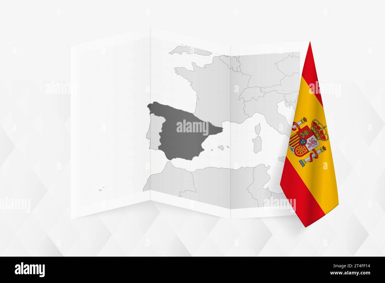 A grayscale map of Spain with a hanging Spanish flag on one side ...