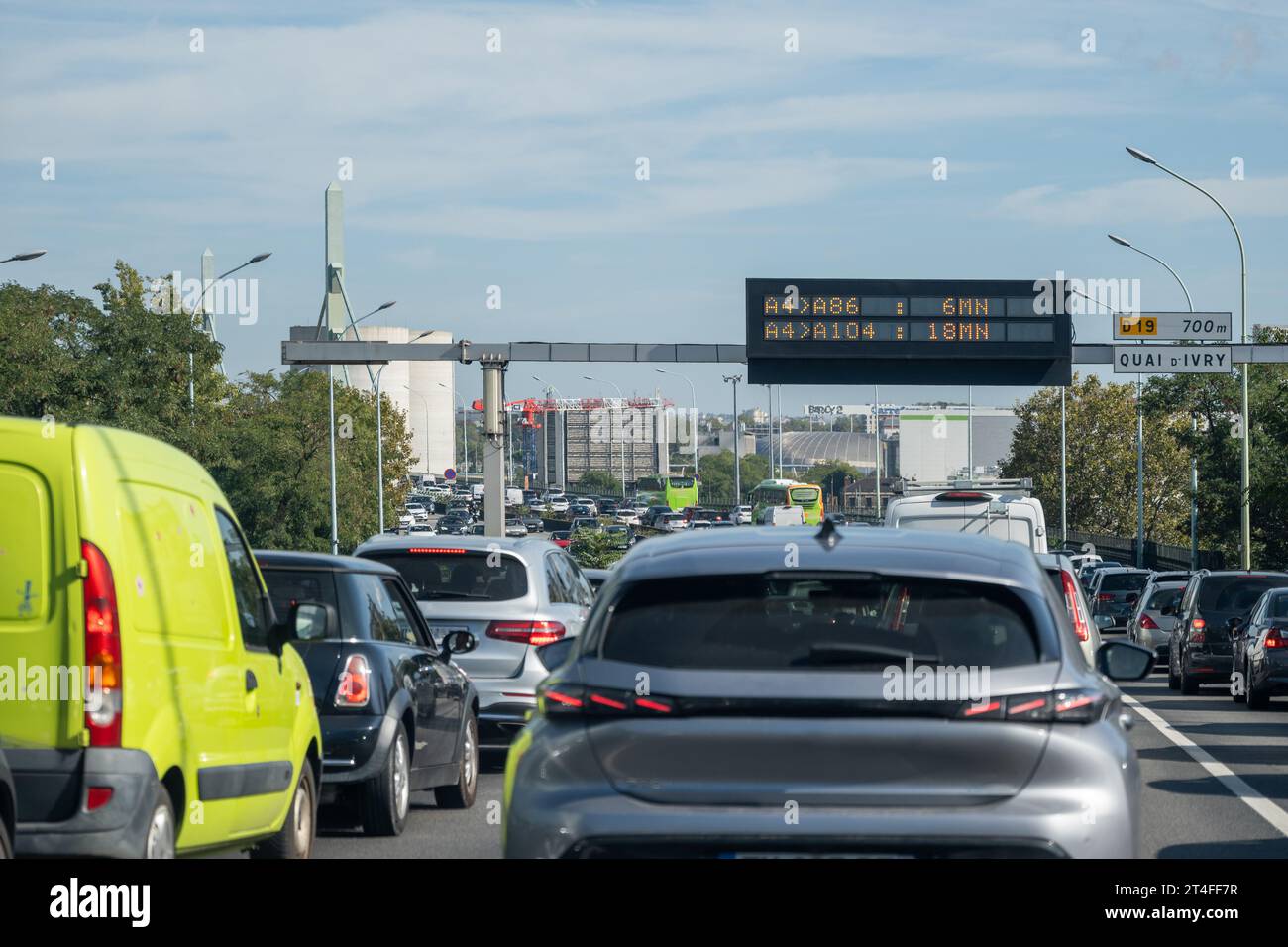 Driving in heavy traffic on ring road of capital of France, traffic jam ...