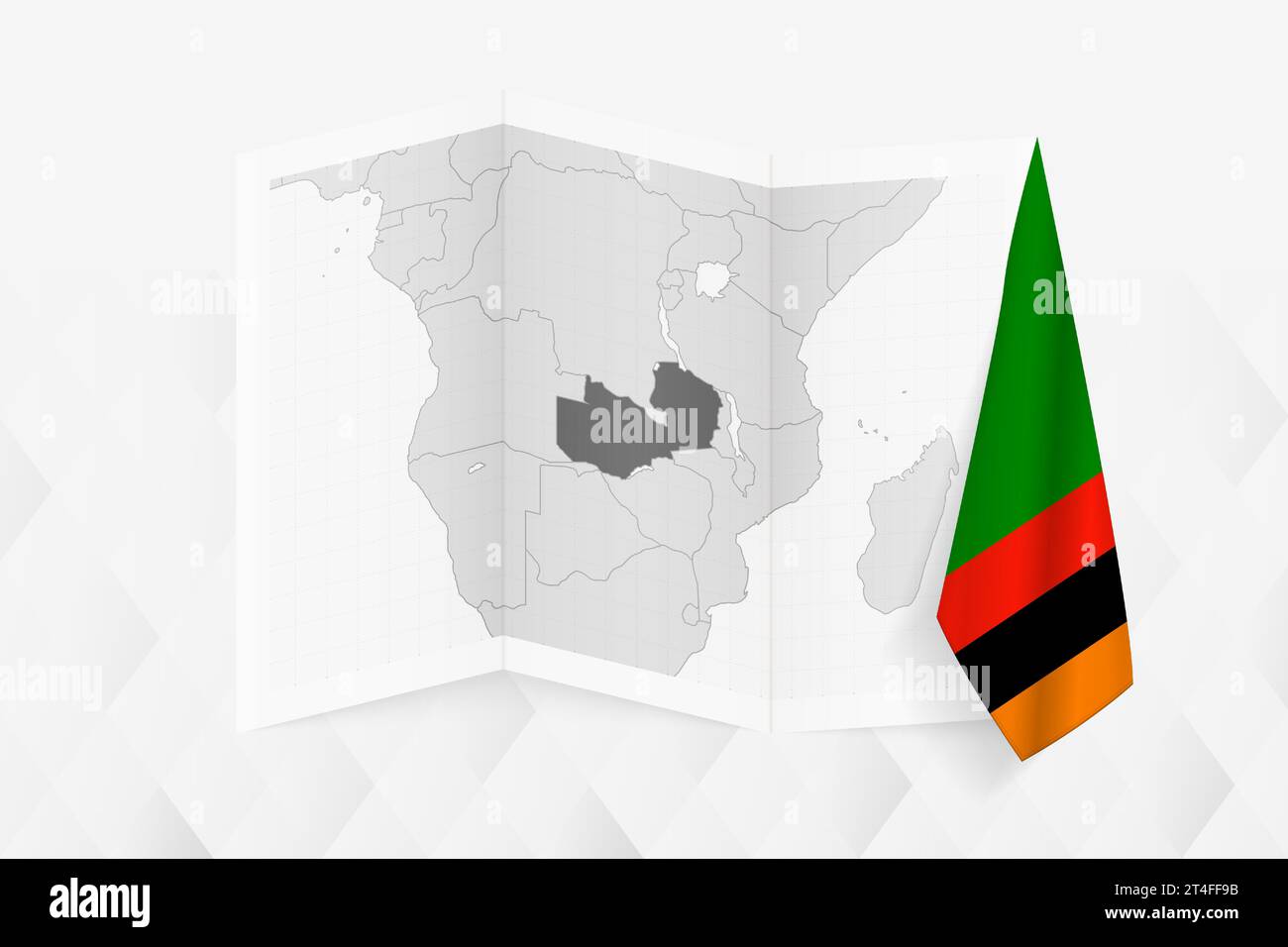 A grayscale map of Zambia with a hanging Zambian flag on one side ...