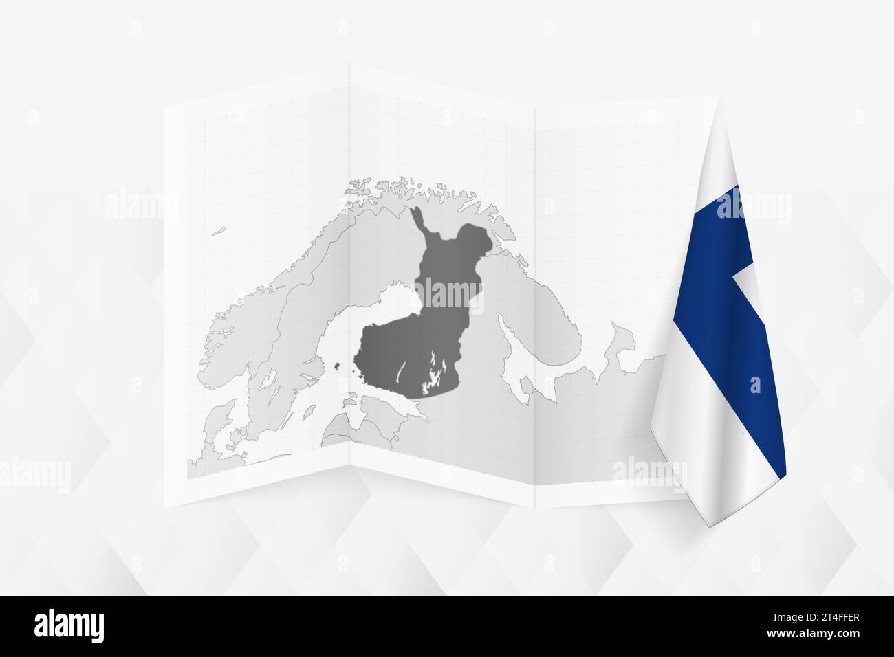 A grayscale map of Finland with a hanging Finnish flag on one side ...