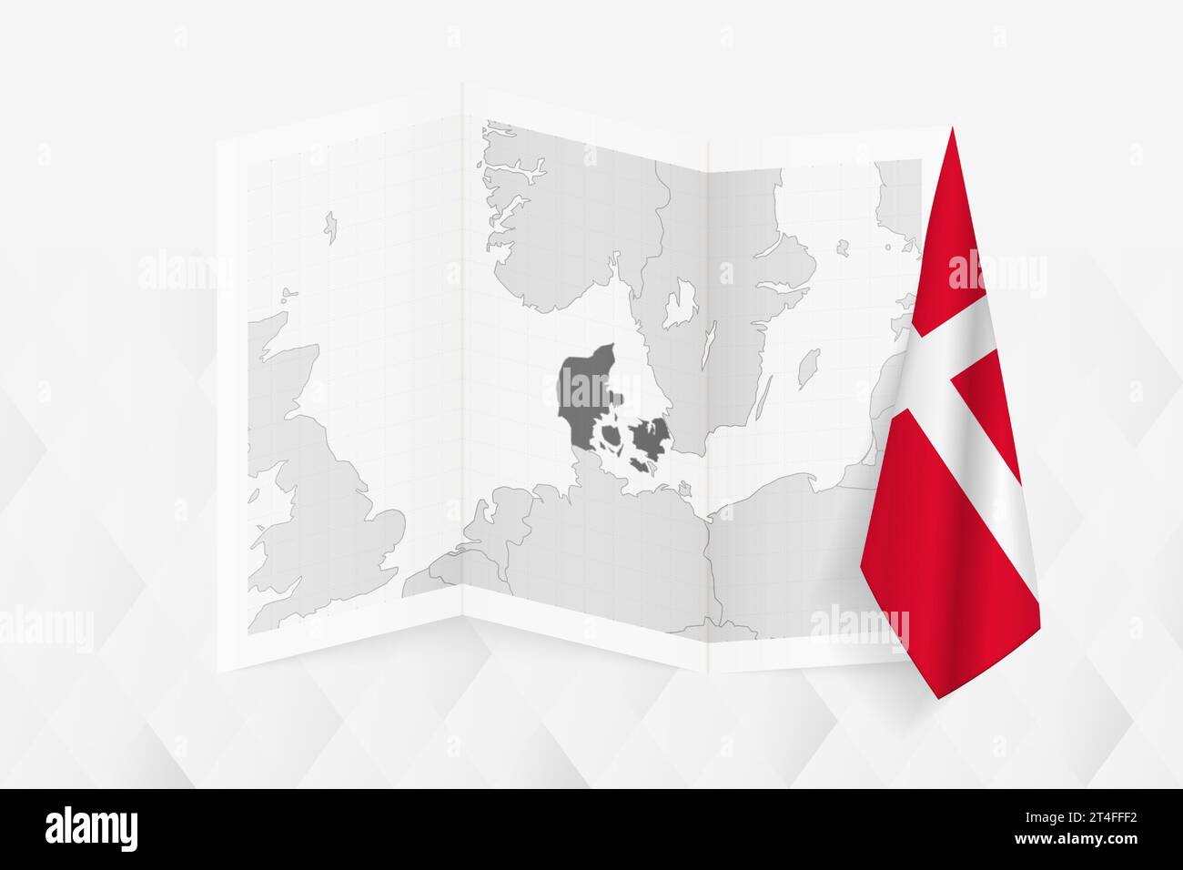 A grayscale map of Denmark with a hanging Danish flag on one side ...