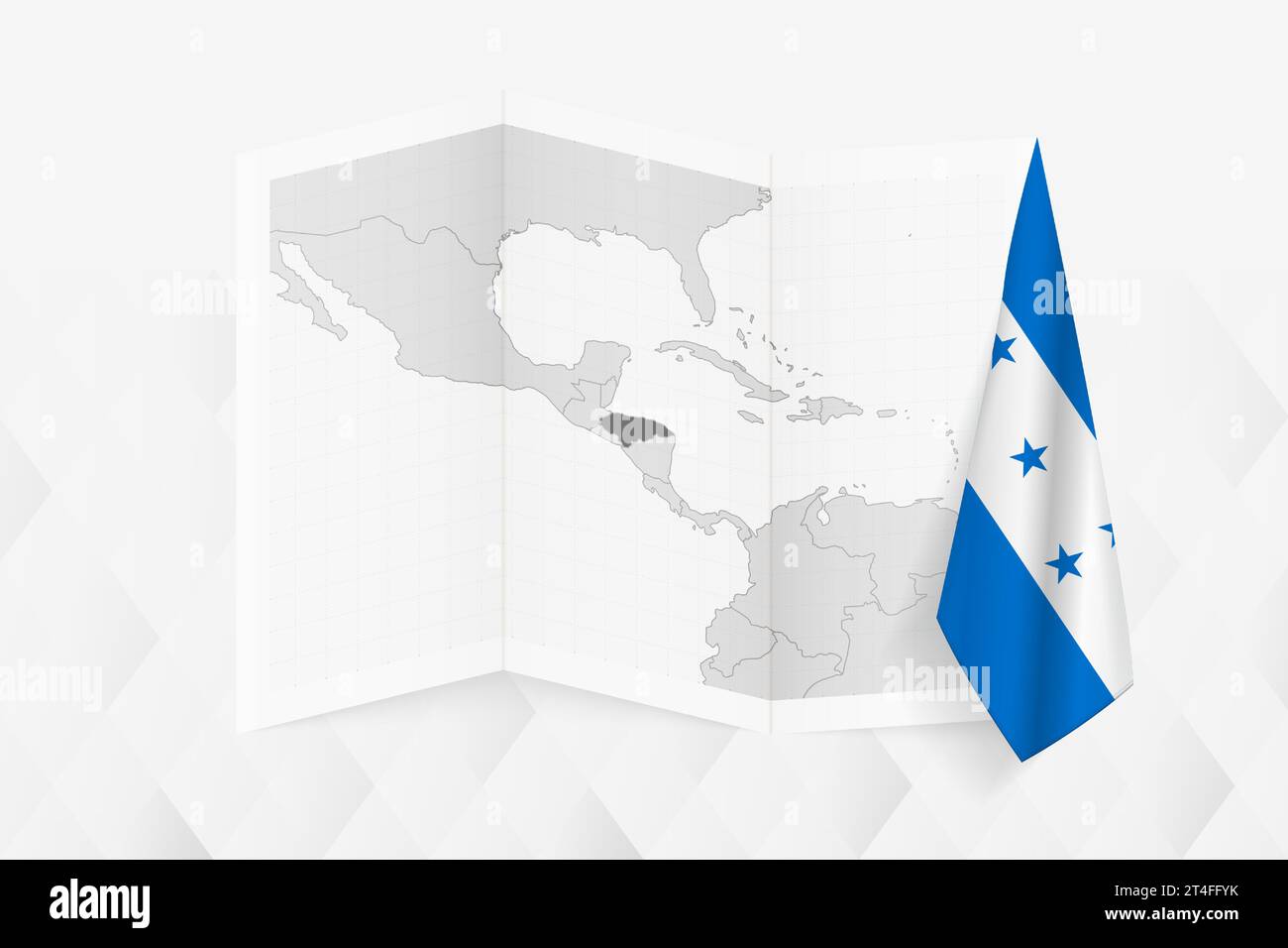 A grayscale map of Honduras with a hanging Honduran flag on one side ...