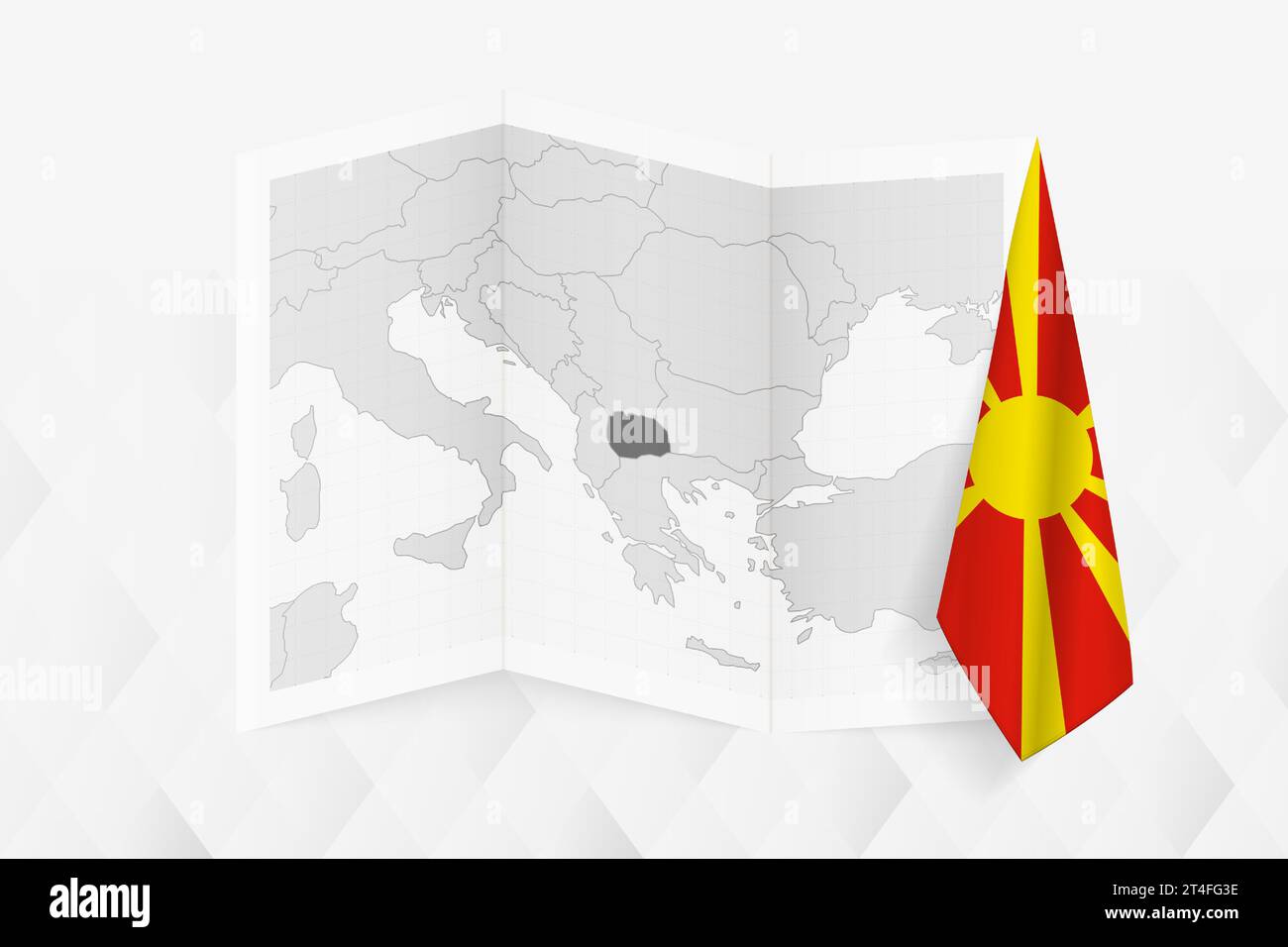 A grayscale map of North Macedonia with a hanging Macedonian flag on one side. Vector map for ...
