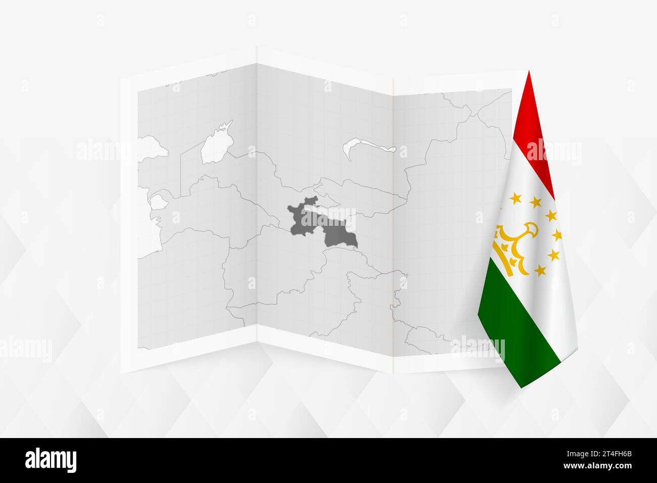 A grayscale map of Tajikistan with a hanging Tajikistani flag on one ...