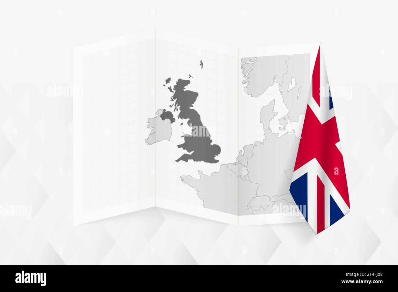 A grayscale map of United Kingdom with a hanging British flag on one ...