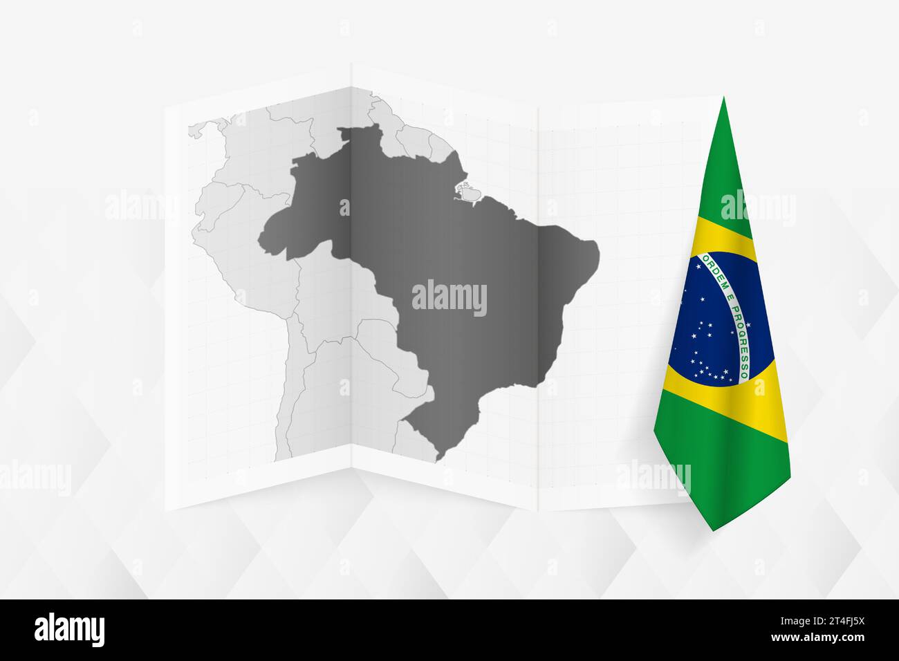 A grayscale map of Brazil with a hanging Brazilian flag on one side ...