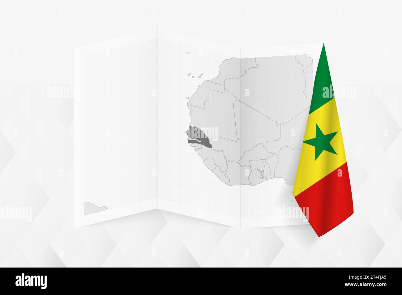 A grayscale map of Senegal with a hanging Senegalese flag on one side. Vector map for many types ...