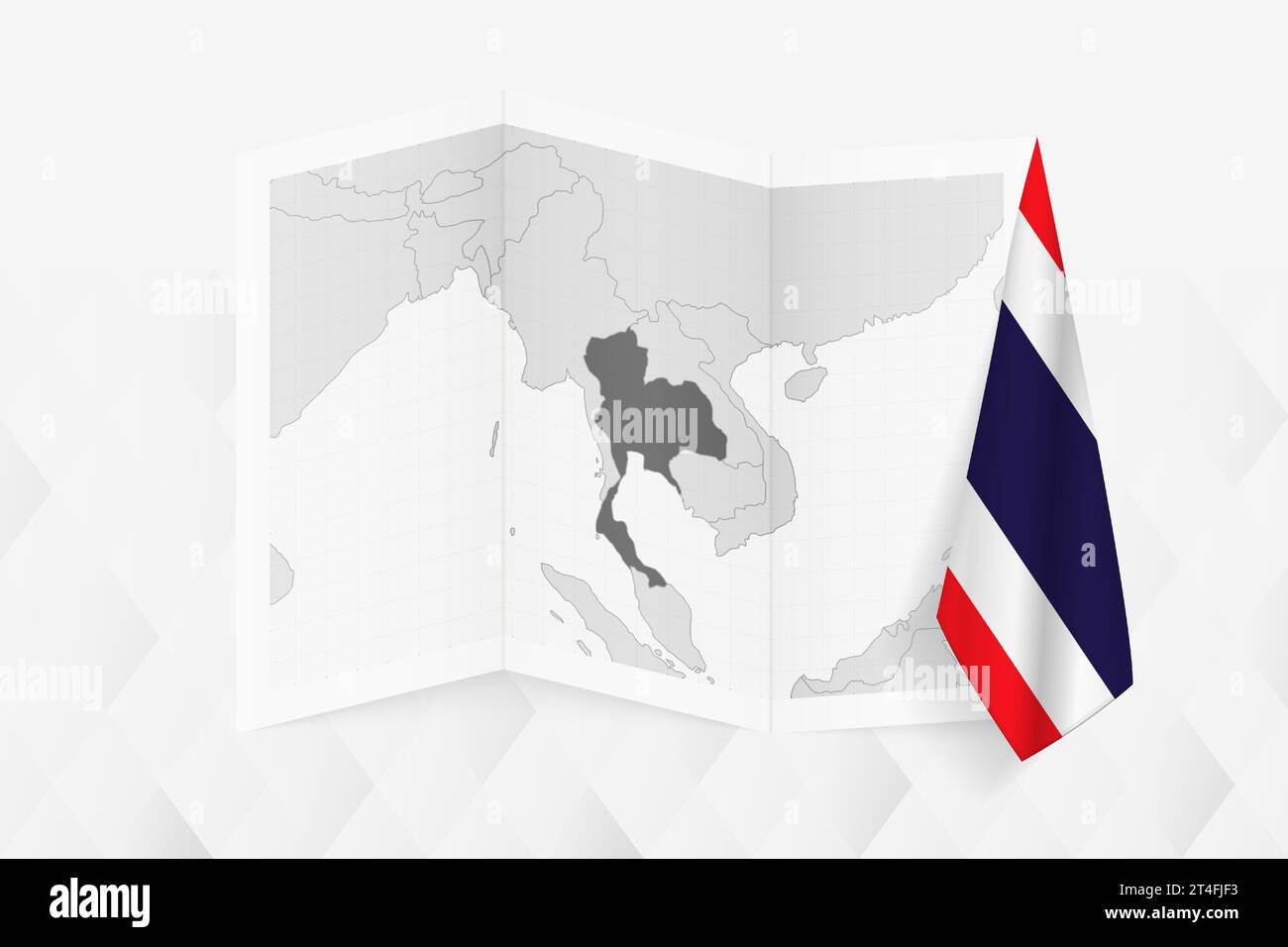 A grayscale map of Thailand with a hanging Thai flag on one side ...