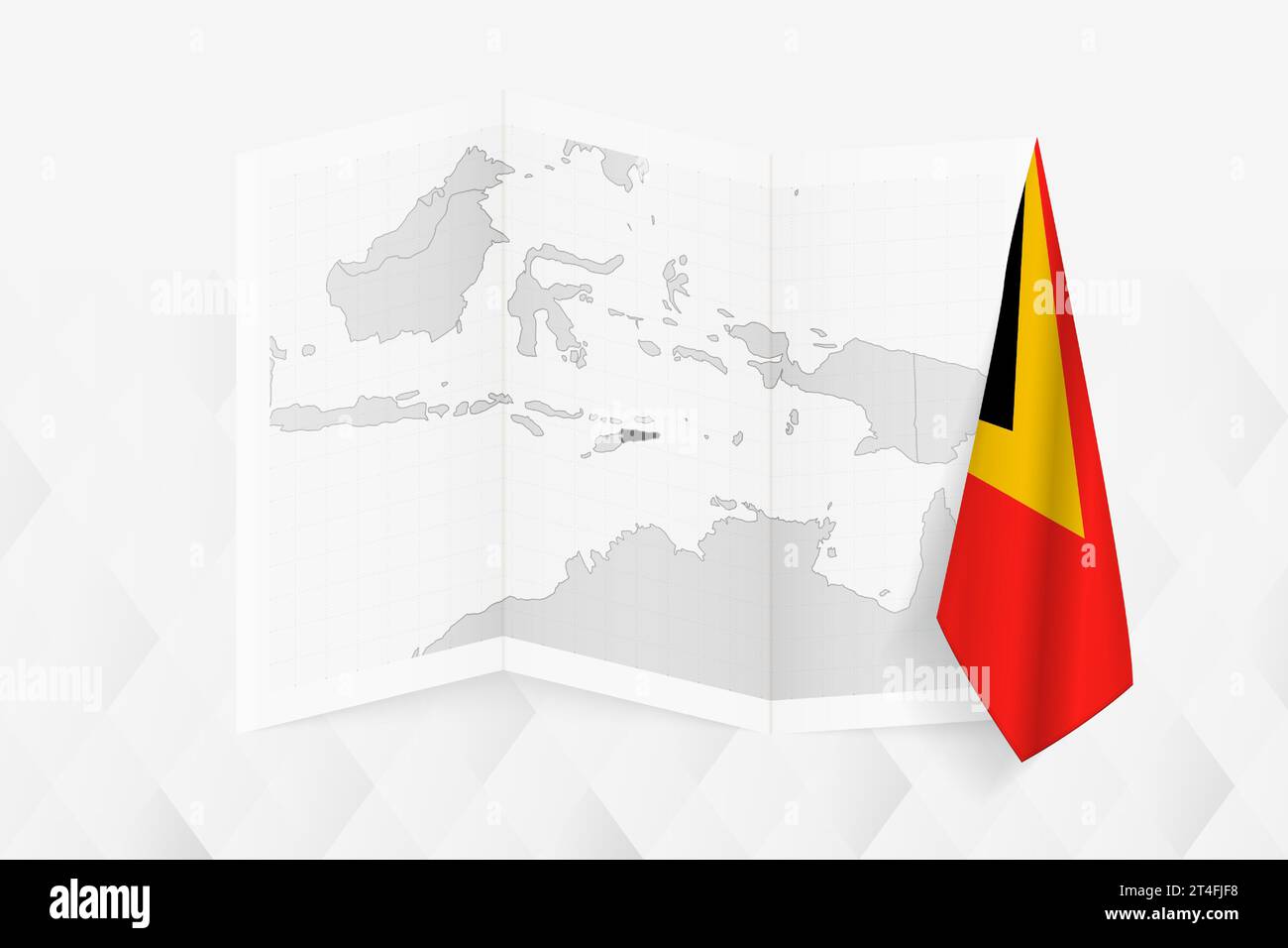 A grayscale map of East Timor with a hanging East Timorese flag on one ...