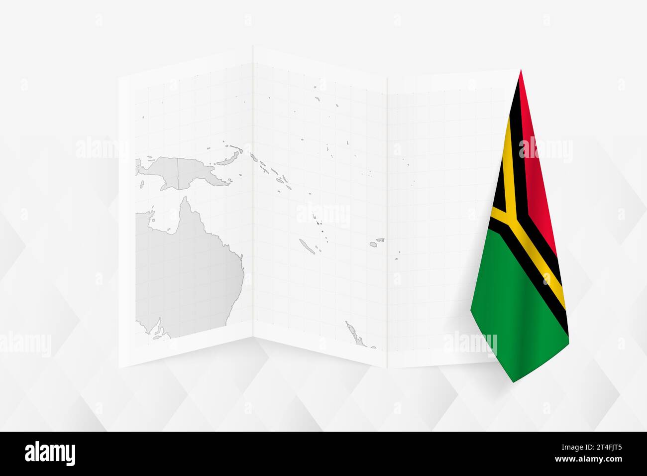 A grayscale map of Vanuatu with a hanging Vanuatu flag on one side. Vector map for many types of ...