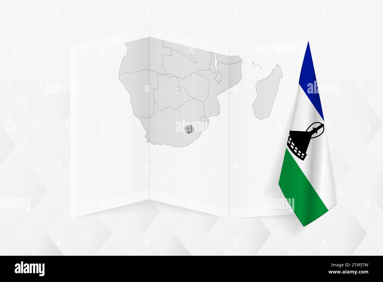 A grayscale map of Lesotho with a hanging Basotho flag on one side ...