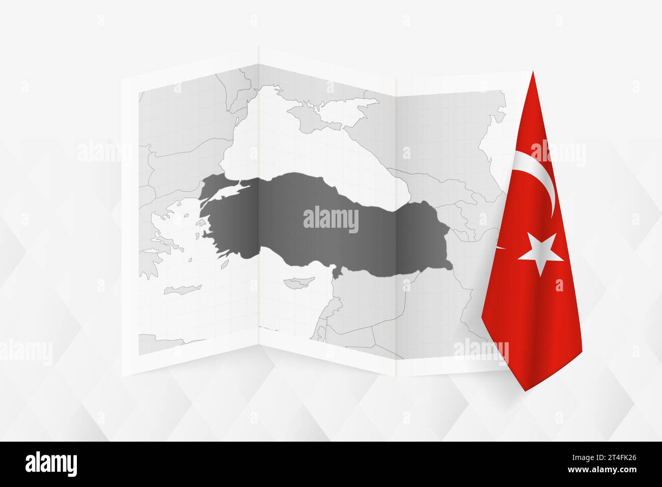 A grayscale map of Turkey with a hanging Turkish flag on one side ...