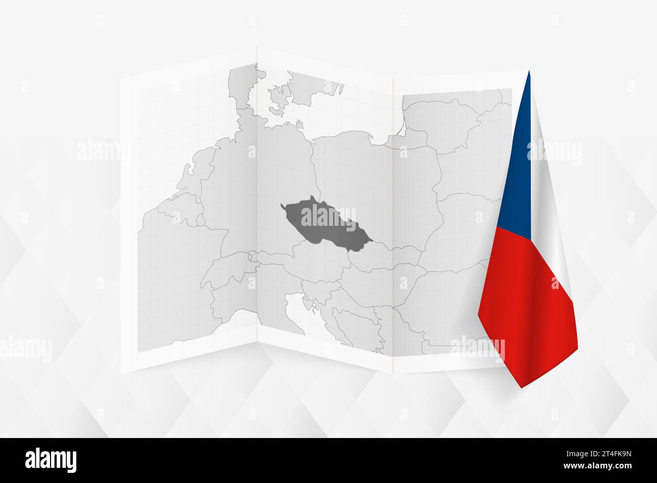 A grayscale map of Czech Republic with a hanging Czech flag on one side ...