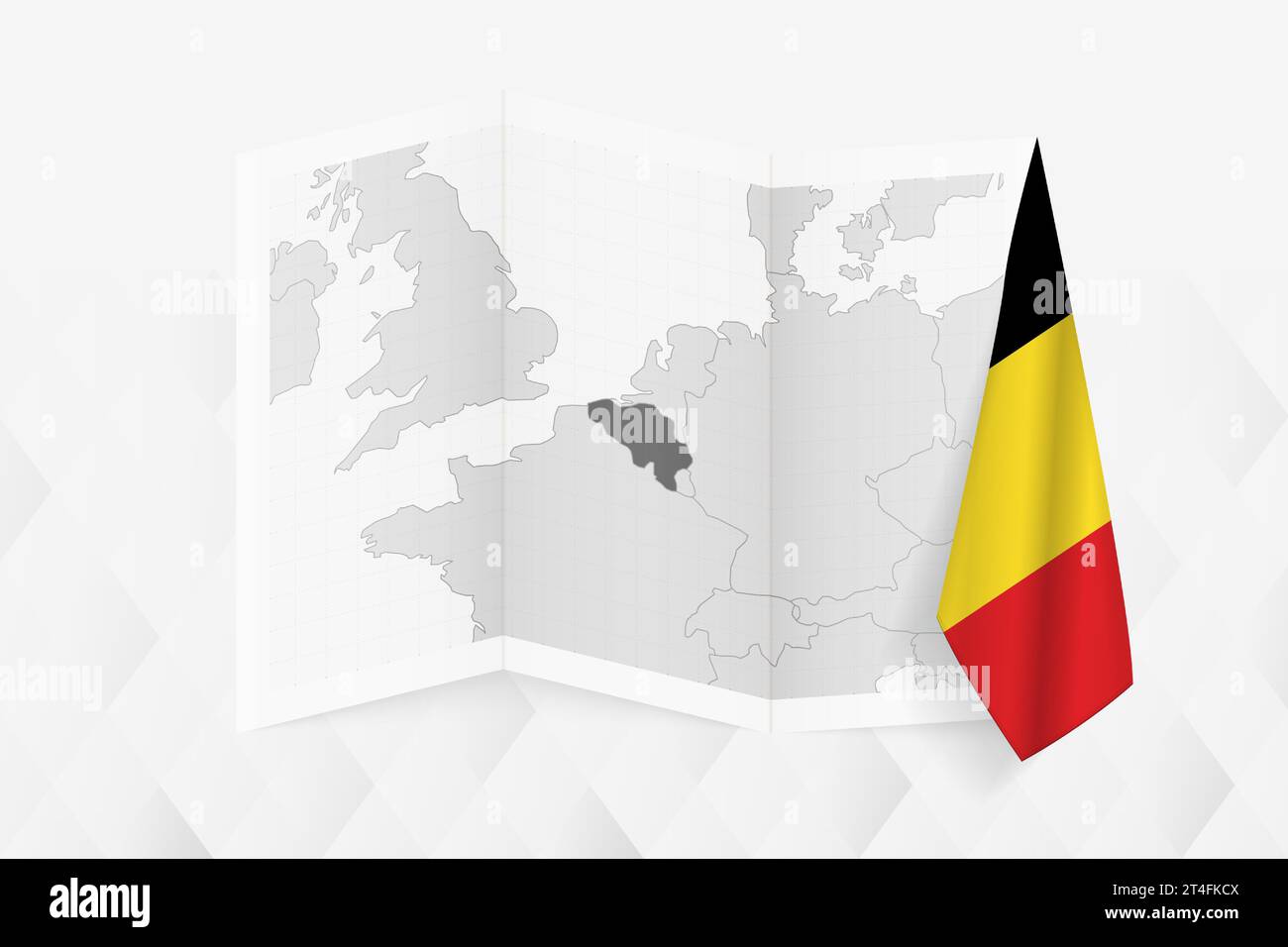 A grayscale map of Belgium with a hanging Belgian flag on one side ...