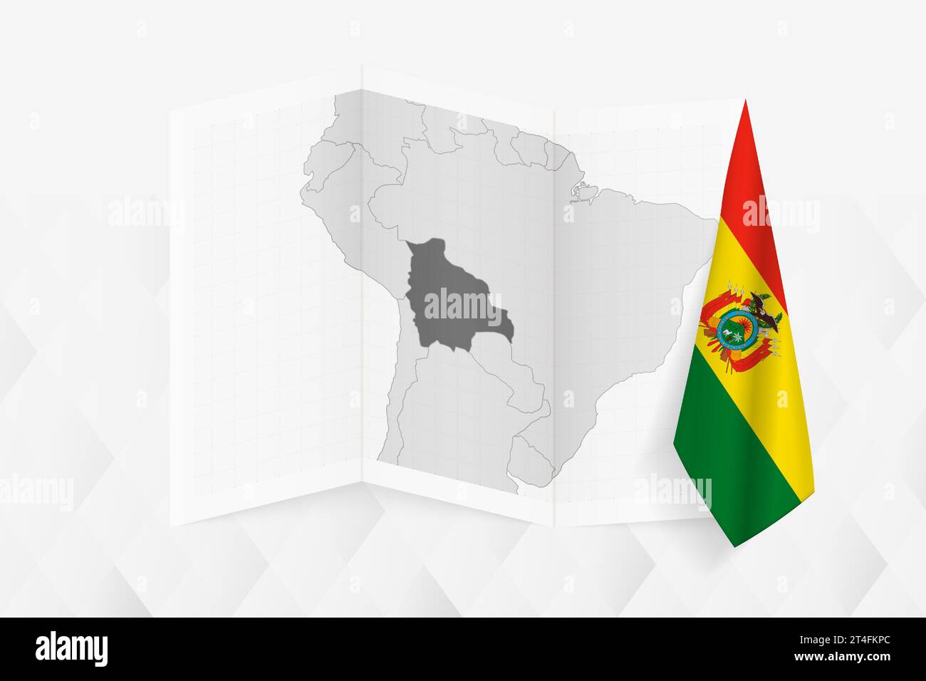 A grayscale map of Bolivia with a hanging Bolivian flag on one side. Vector map for many types ...
