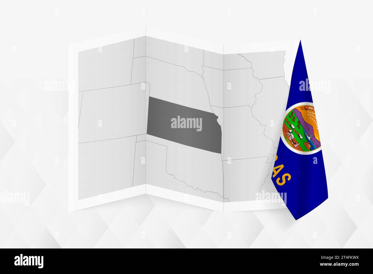 A grayscale map of Kansas with a hanging Kansas flag on one side ...