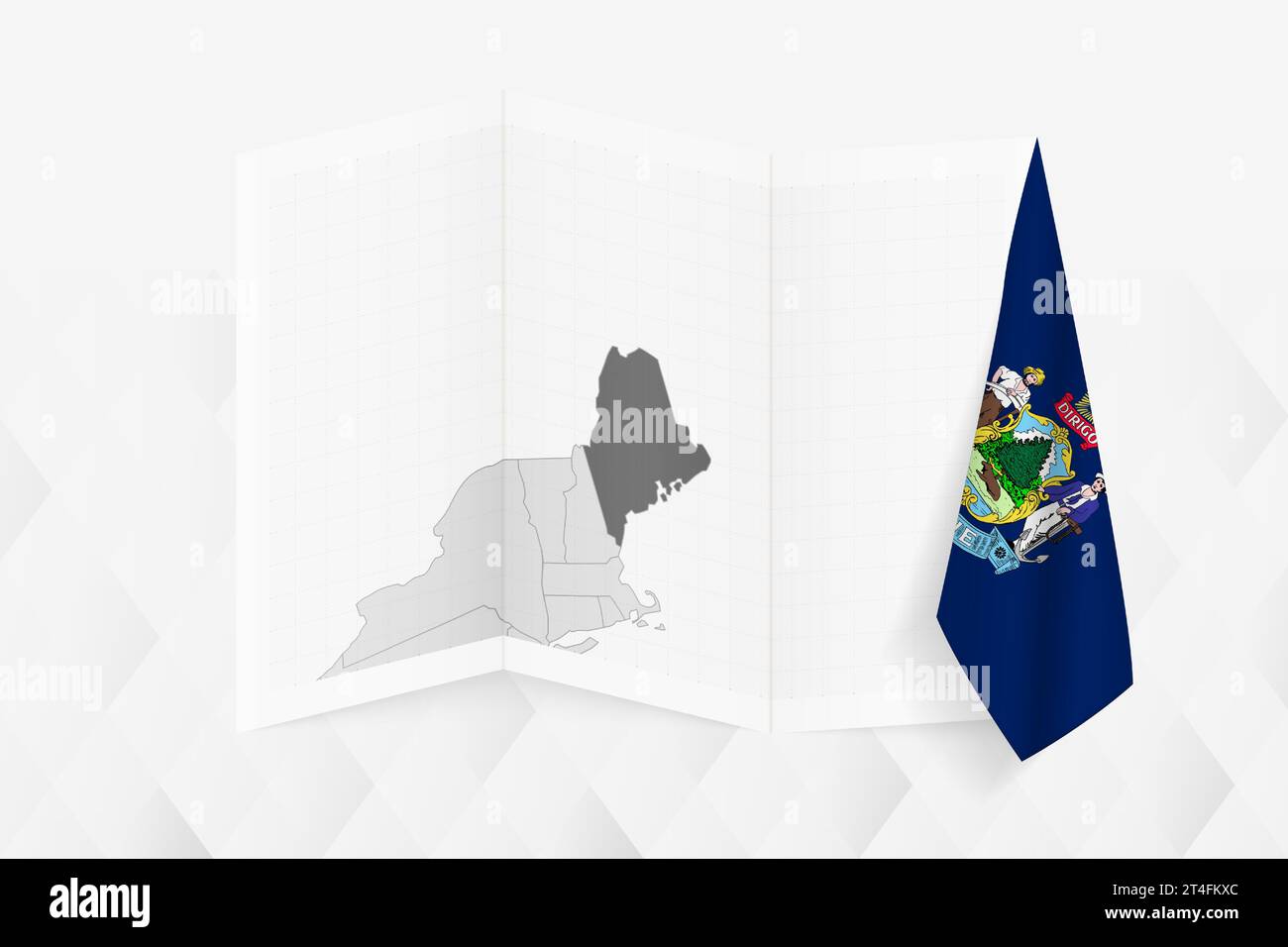 A grayscale map of Maine with a hanging Maine flag on one side. Vector ...