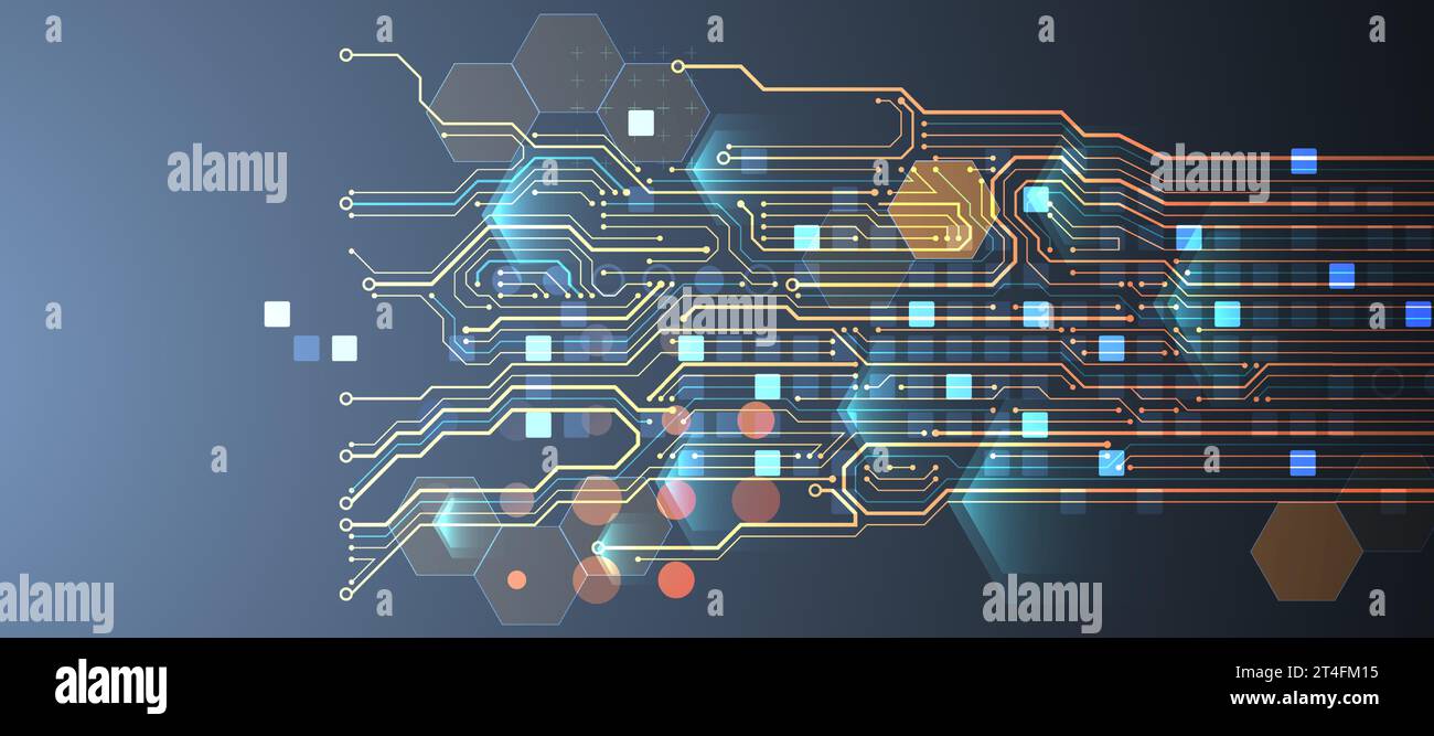 Abstract circuit board and hexagons on gradient color background. Hi ...