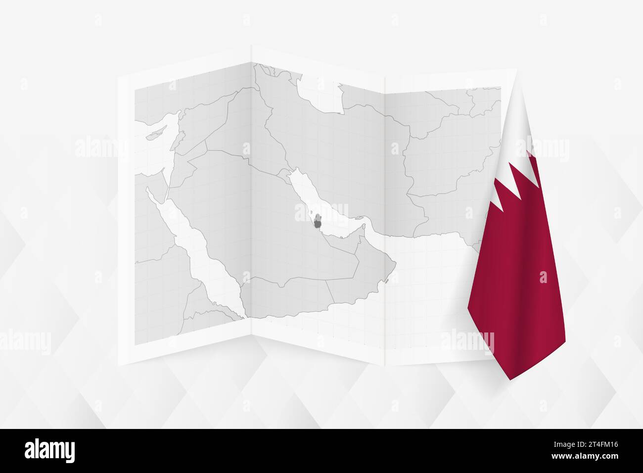 A grayscale map of Qatar with a hanging Qatari flag on one side. Vector ...