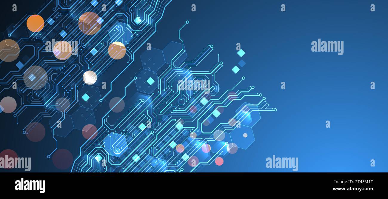 Abstract circuit board and hexagons on gradient color background. Hi ...