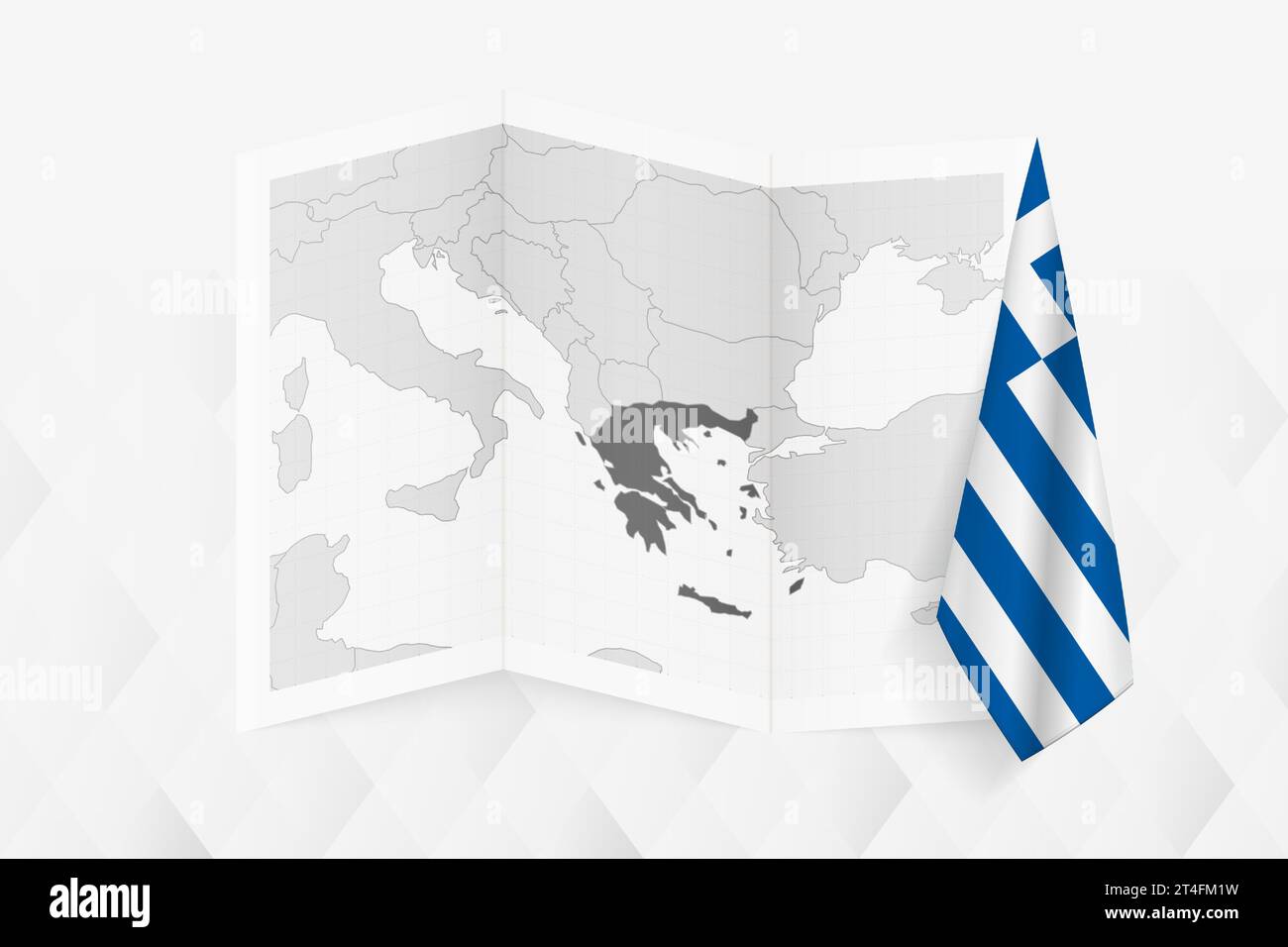 A grayscale map of Greece with a hanging Greek flag on one side. Vector ...