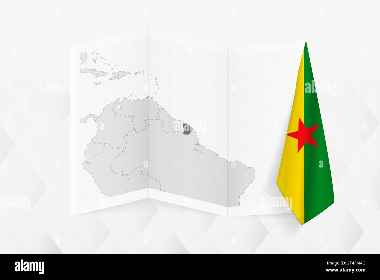 A grayscale map of French Guiana with a hanging French Guianese flag on ...