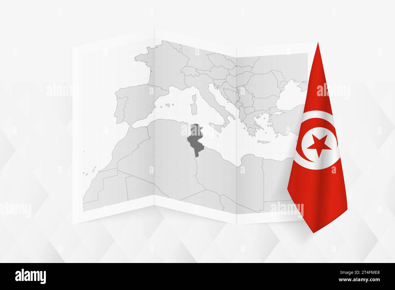 A Grayscale Map Of Tunisia With A Hanging Tunisian Flag On One Side