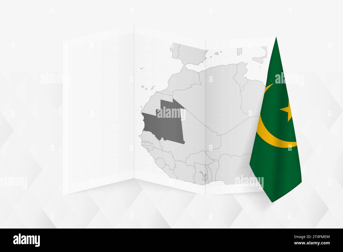 A grayscale map of Mauritania with a hanging Mauritanian flag on one ...