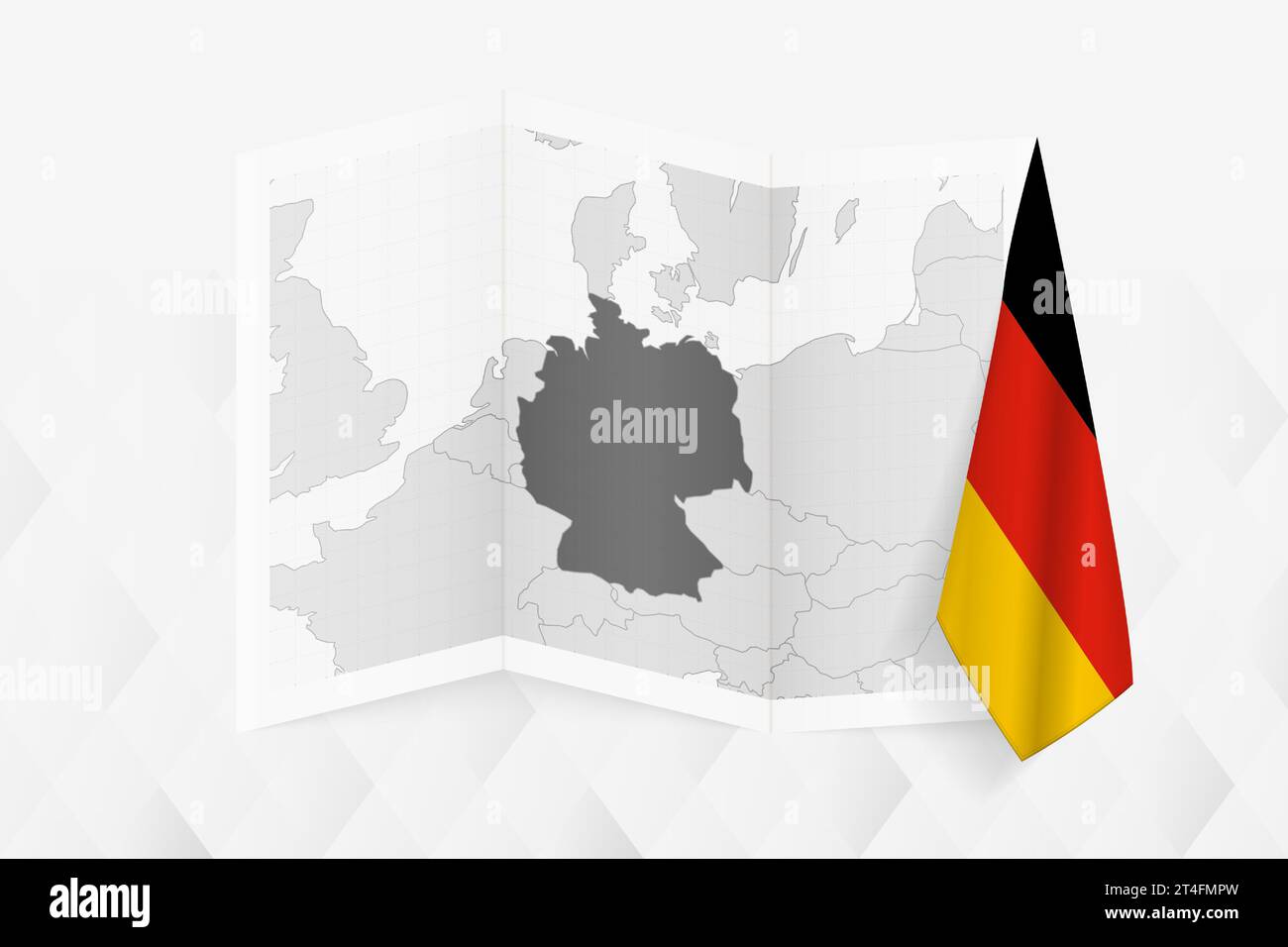 A grayscale map of Germany with a hanging German flag on one side ...