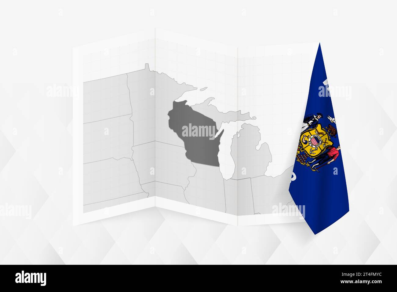 A grayscale map of Wisconsin with a hanging Wisconsin flag on one side ...