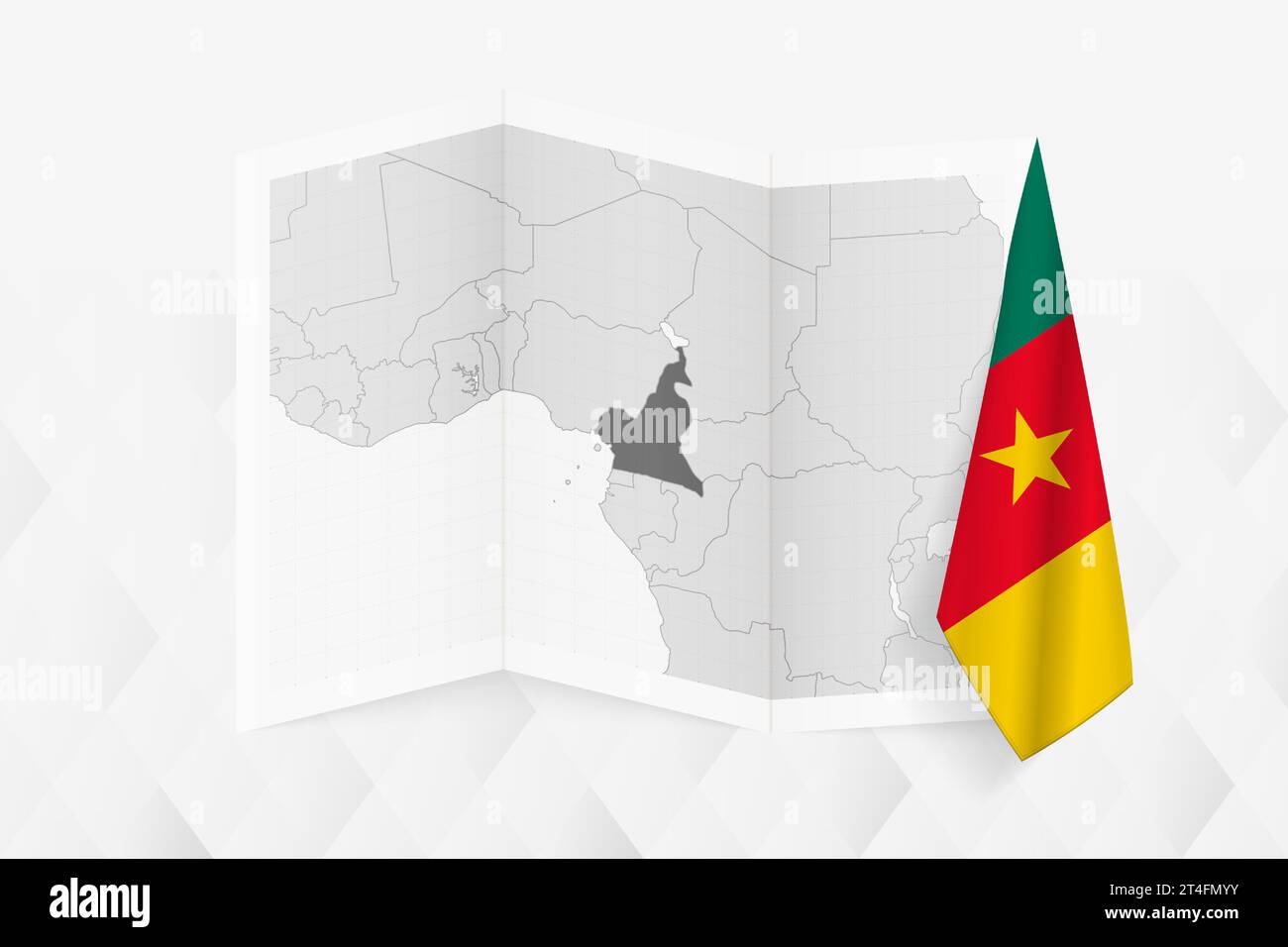 A grayscale map of Cameroon with a hanging Cameroonian flag on one side ...