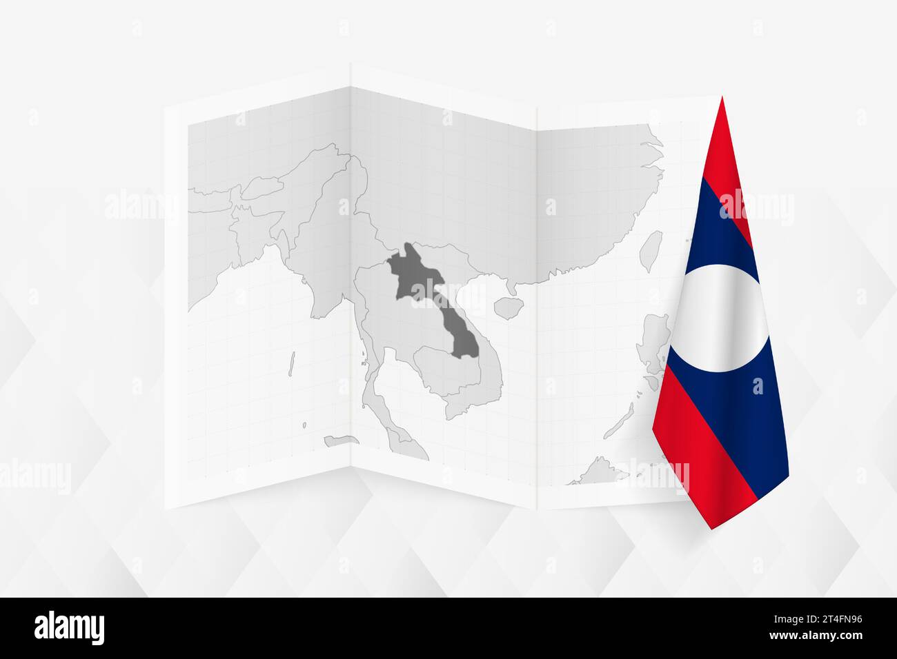 A grayscale map of Laos with a hanging Laotian flag on one side. Vector ...