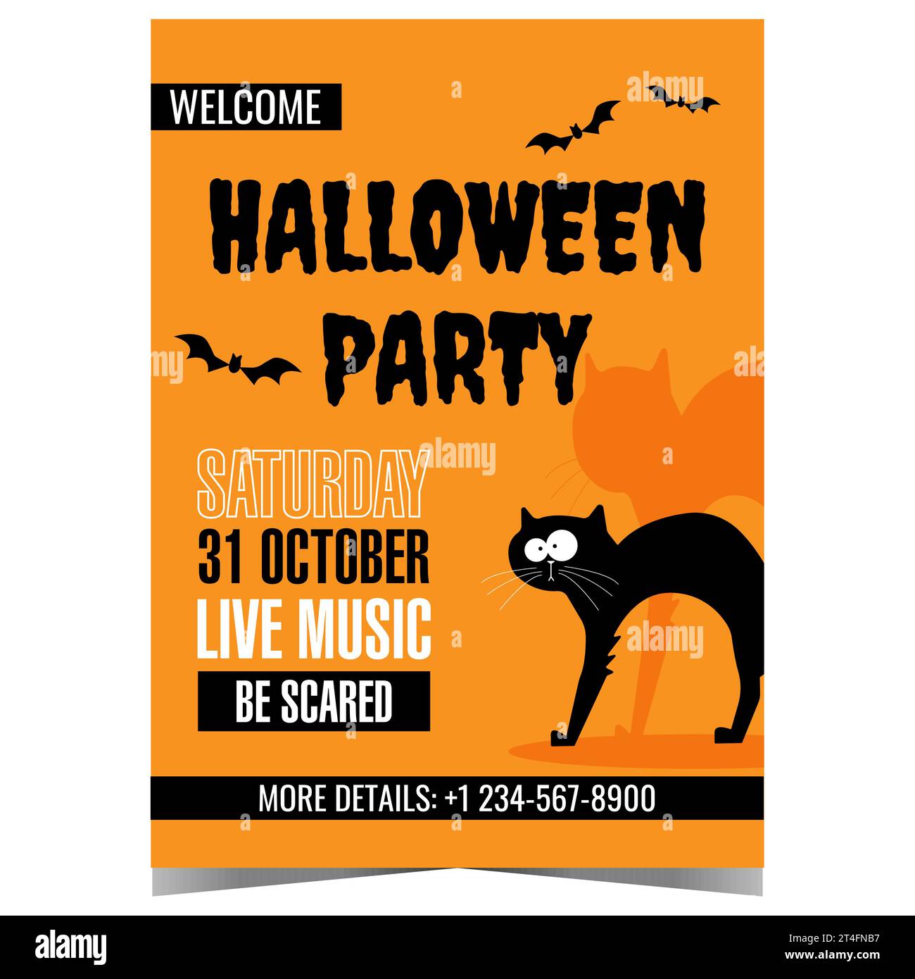 Halloween party invitation with scared cat and black bats on orange ...