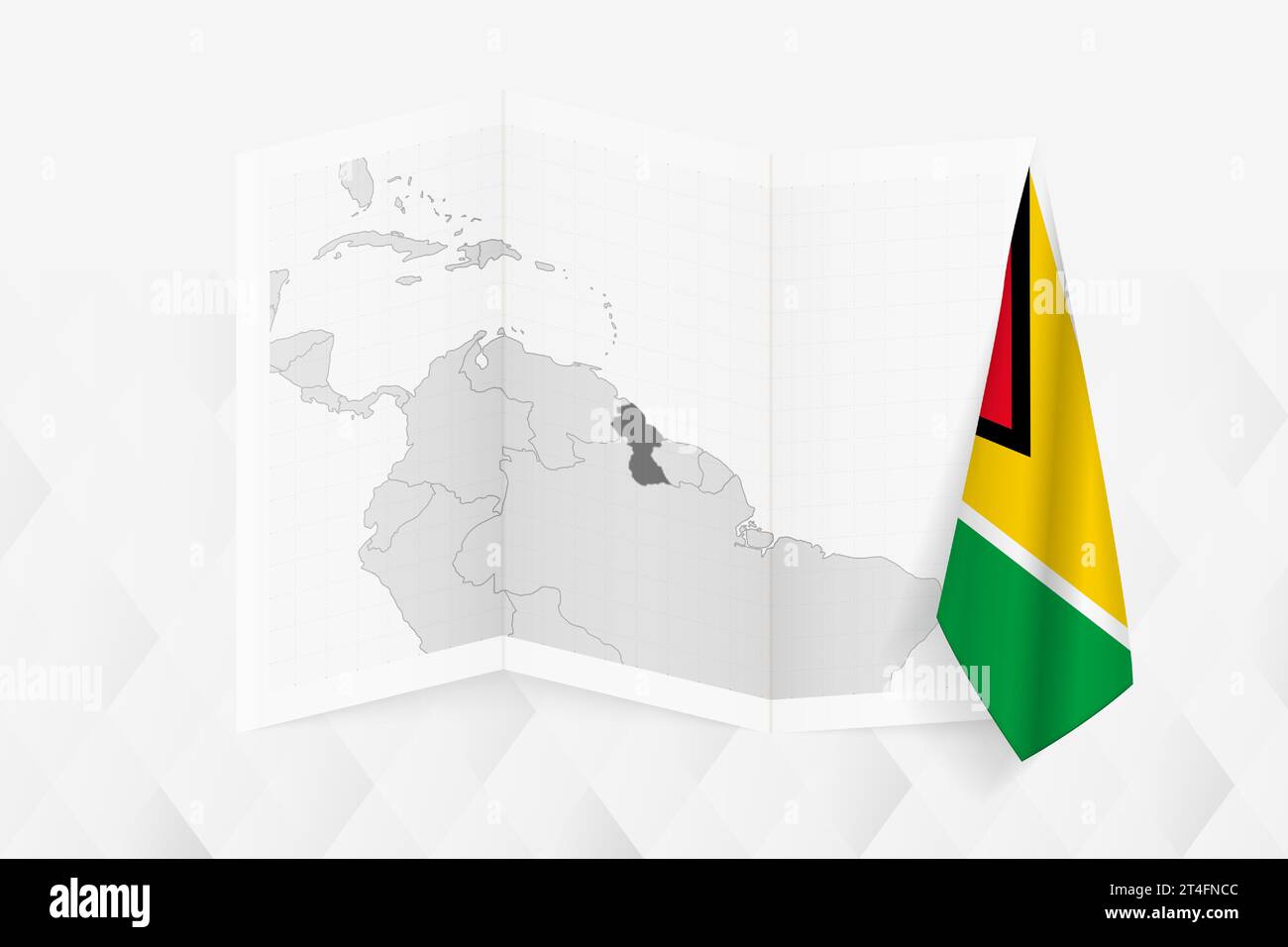 A grayscale map of Guyana with a hanging Guyanese flag on one side ...