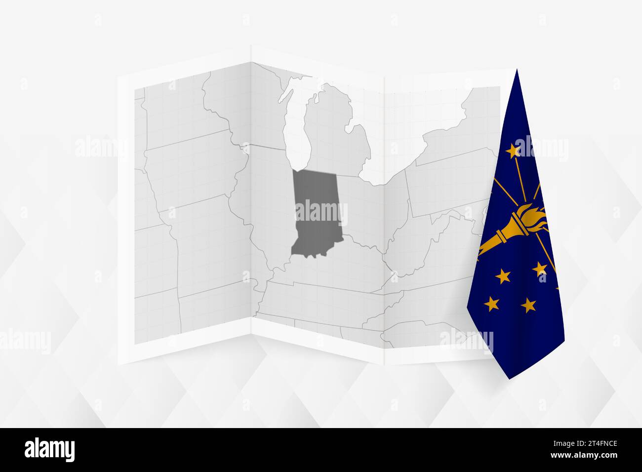 A grayscale map of Indiana with a hanging Indiana flag on one side ...