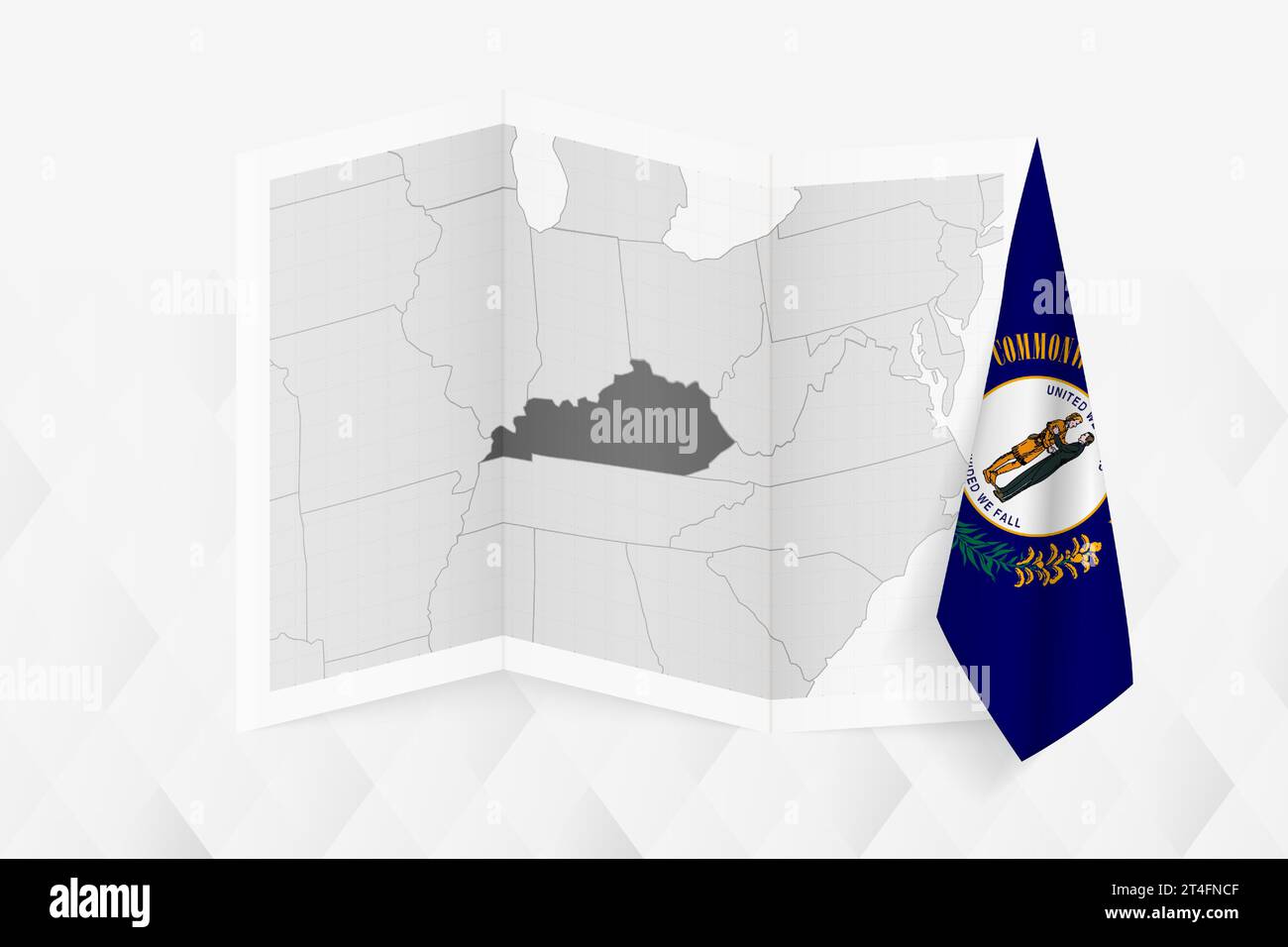 A grayscale map of Kentucky with a hanging Kentucky flag on one side ...
