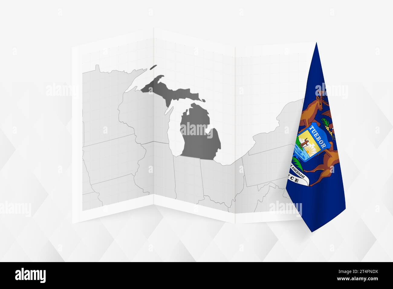 A grayscale map of Michigan with a hanging Michigan flag on one side ...