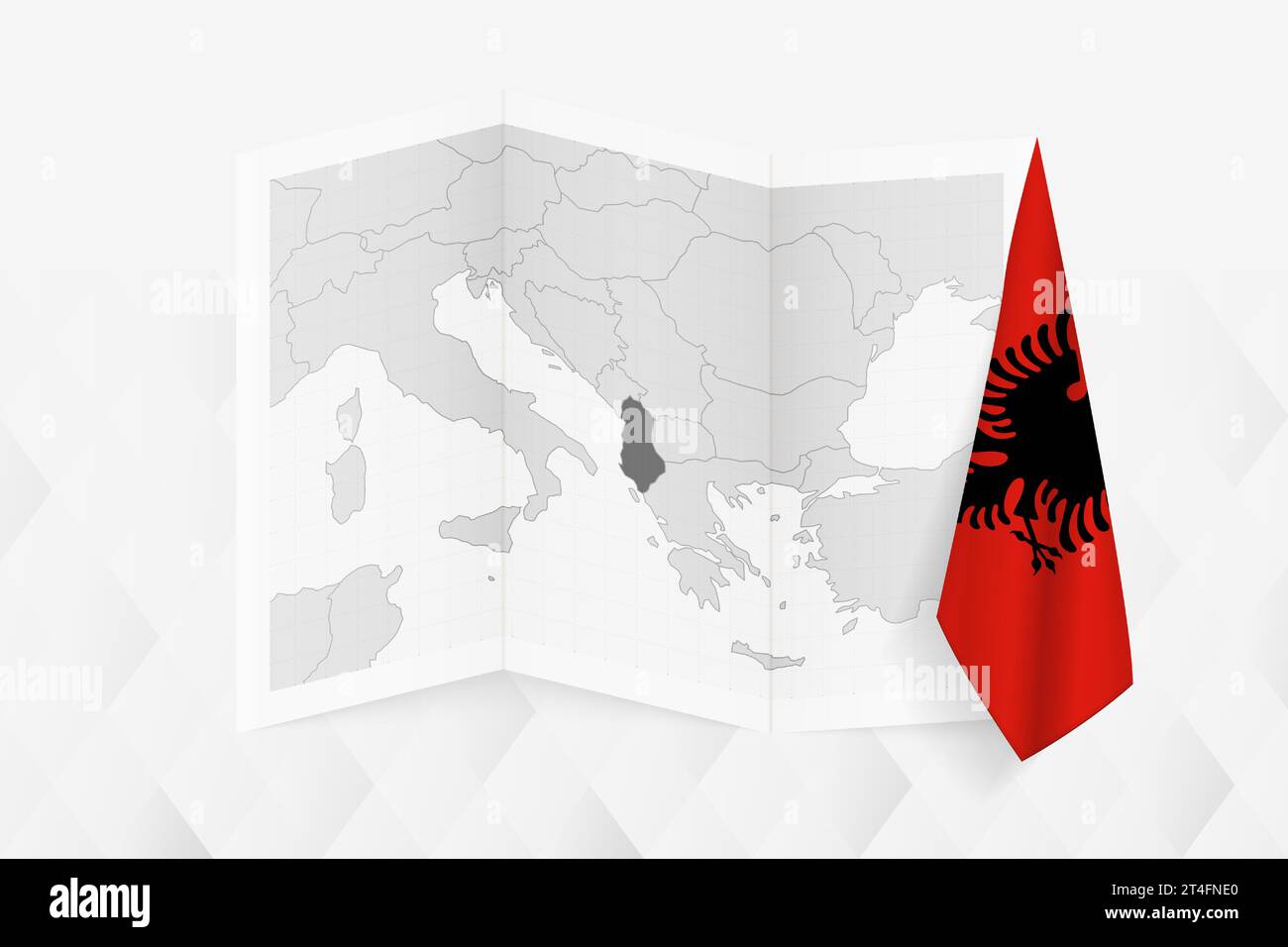 A grayscale map of Albania with a hanging Albanian flag on one side. Vector map for many types ...