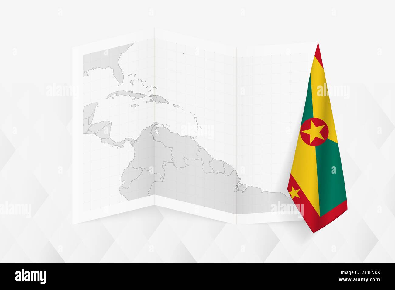 A grayscale map of Grenada with a hanging Grenadian flag on one side ...