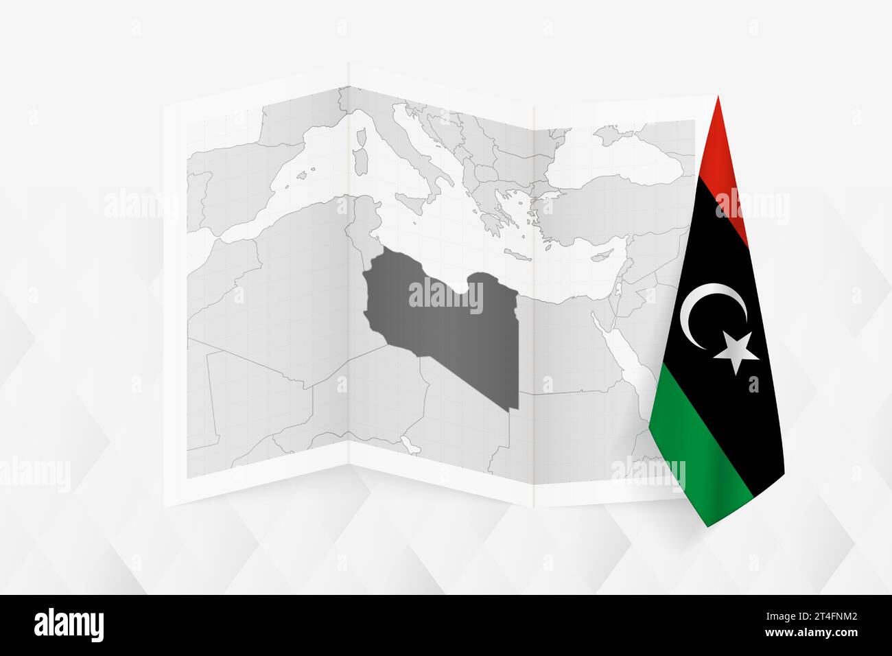 A grayscale map of Libya with a hanging Libyan flag on one side. Vector map for many types of ...