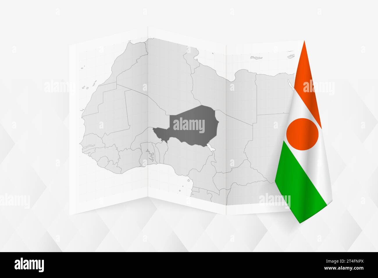 A grayscale map of Niger with a hanging Nigerien flag on one side ...