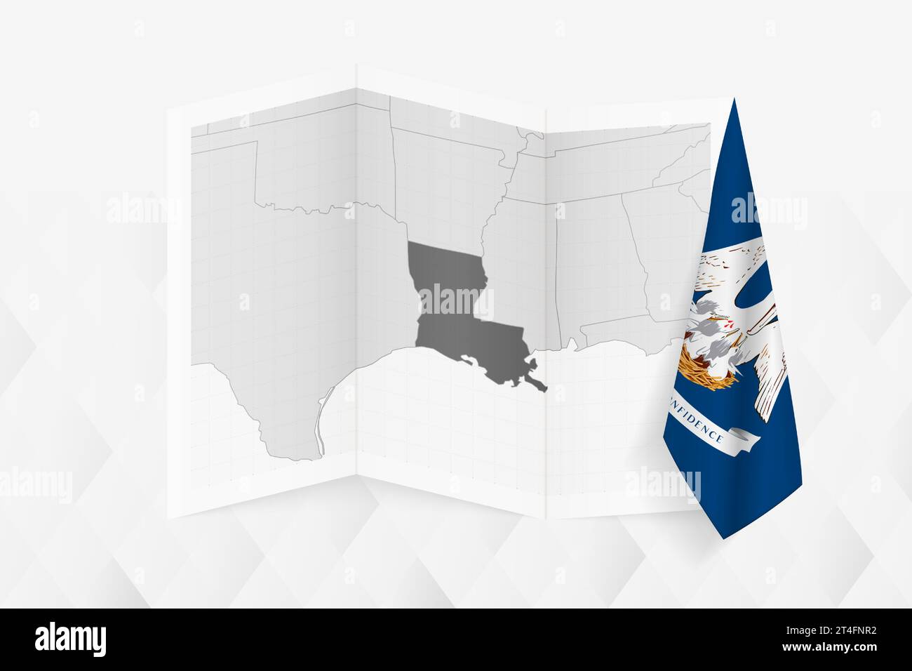 A grayscale map of Louisiana with a hanging Louisiana flag on one side ...